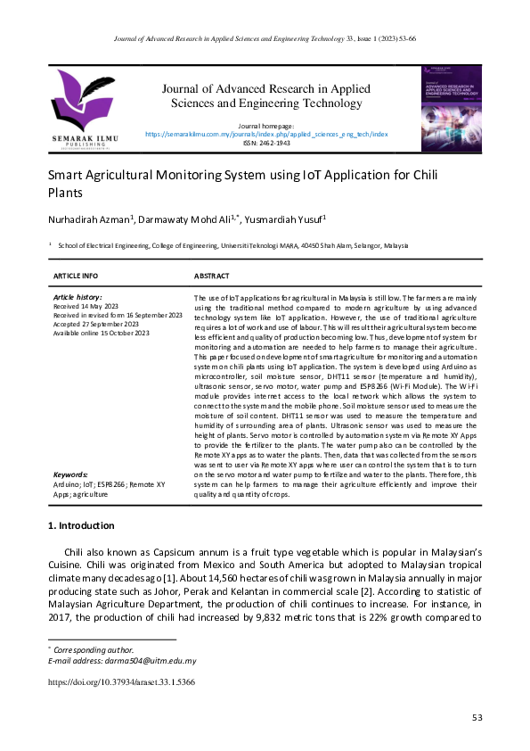 (PDF) Smart Agricultural Monitoring System using IoT Application for Chili Plants | IR TS DR ...