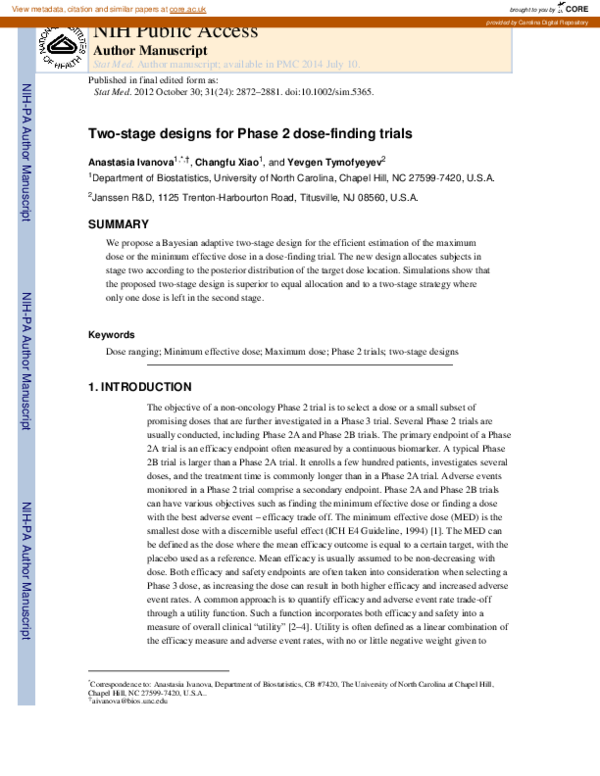 (PDF) Two‐stage designs for Phase 2 dose‐finding trials
