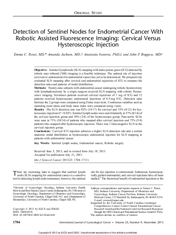 (PDF) Detection of Sentinel Nodes for Endometrial Cancer With Robotic Assisted Fluorescence ...