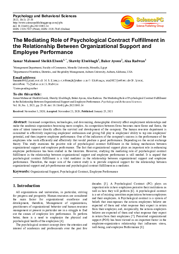 (PDF) The Mediating Role of Psychological Contract Fulfillment in the Relationship Between ...