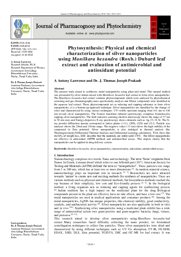 (PDF) Phytosynthesis: Physical and chemical characterization of silver nanoparticles using ...