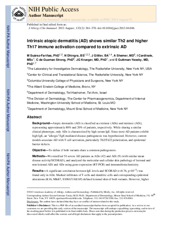 (PDF) Intrinsic atopic dermatitis shows similar TH2 and higher TH17 ...