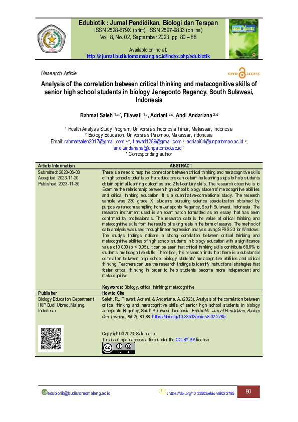 Pdf Analysis Of The Correlation Between Critical Thinking And Metacognitive Skills Of Senior