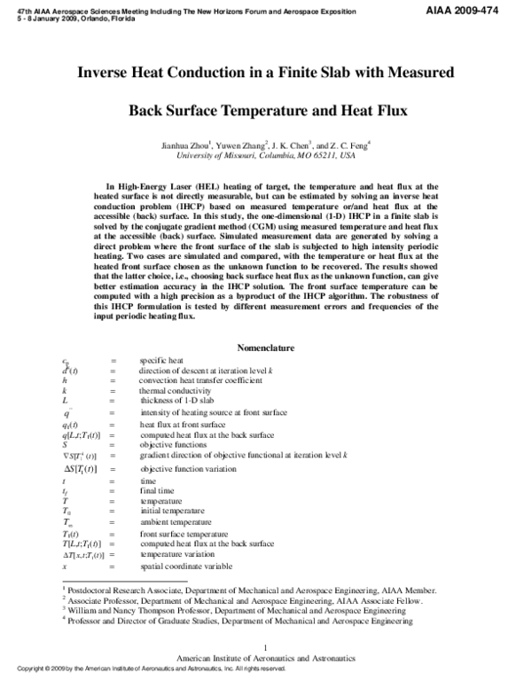 (PDF) Inverse Heat Conduction in a Finite Slab with Measured Back Surface Temperature and Heat Flux