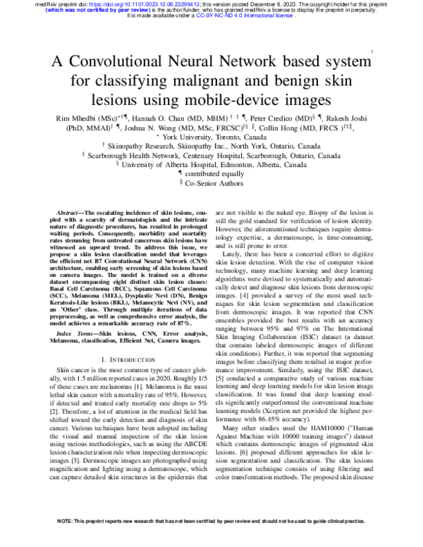 (PDF) A Convolutional Neural Network based system for classifying malignant and benign skin ...