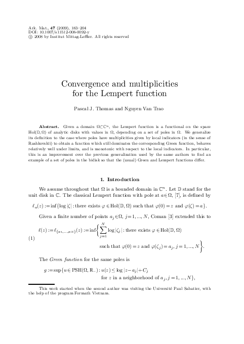 (PDF) Convergence and multiplicities for the Lempert function