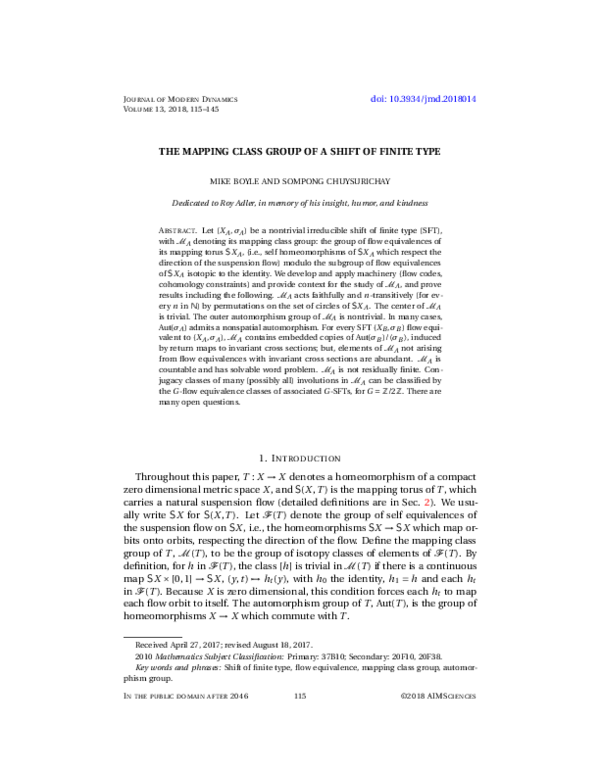 (PDF) The mapping class group of a shift of finite type | M. Boyle and SOMPONG CHUYSURICHAY ...
