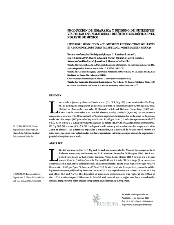 (PDF) Producción De Hojarasca y Retorno De Nutrientes Vía Foliar en Un ...