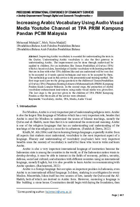 (PDF) Increasing Arabic Vocabulary Using Audio Visual Media Youtube Channel at TPA PRIM Kampung ...