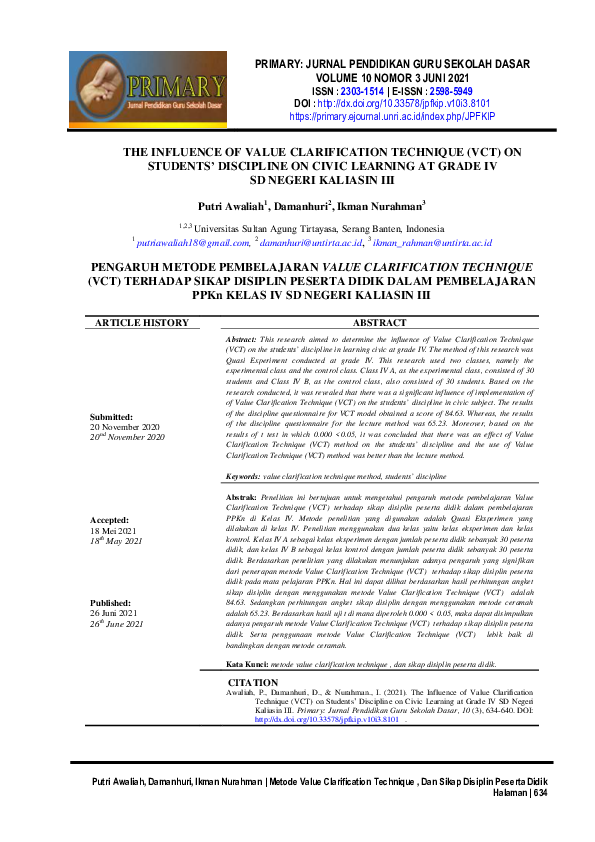 (PDF) PENGARUH METODE PEMBELAJARAN VALUE CLARIFICATION TECHNIQUE (VCT) TERHADAP SIKAP DISIPLIN ...