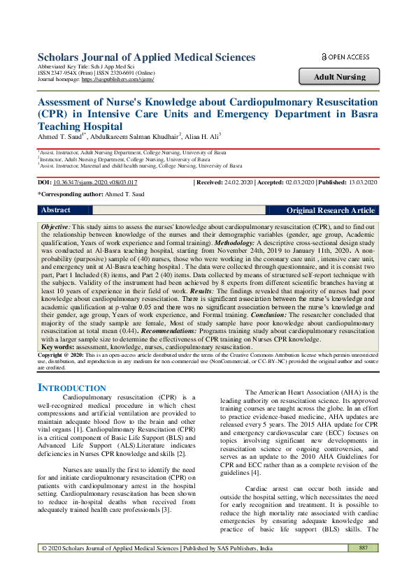 (PDF) Assessment of Nurse's Knowledge about Cardiopulmonary ...