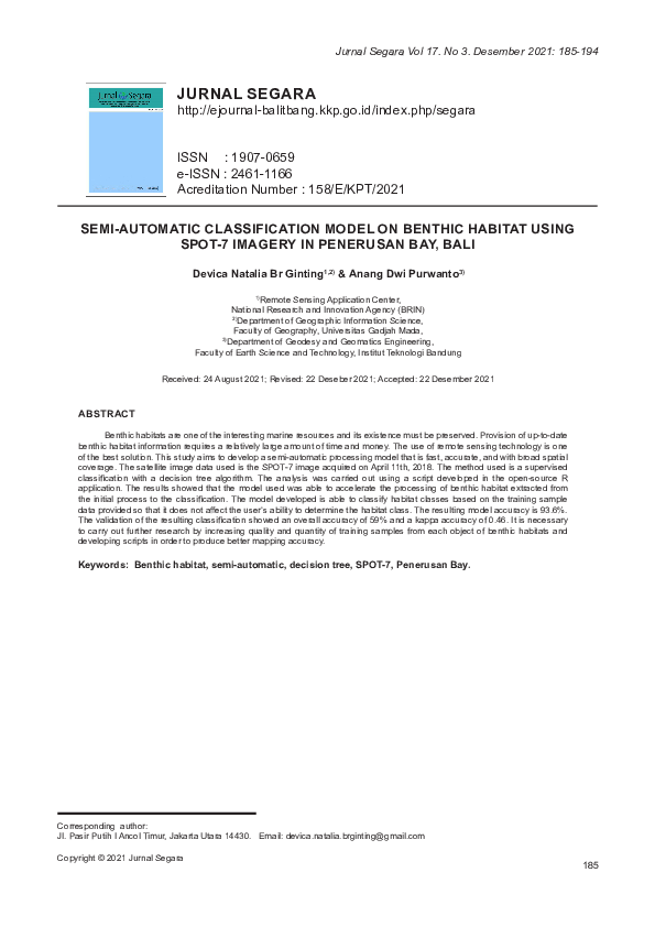 (PDF) Semi-Automatic Classification Model on Benthic Habitat Using Spot-7 Imagery in Penerusan ...