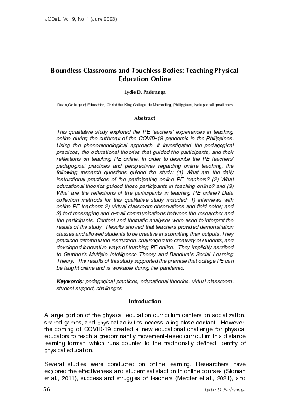 (PDF) Boundless Classrooms and Touchless Bodies: Teaching Physical Education Online