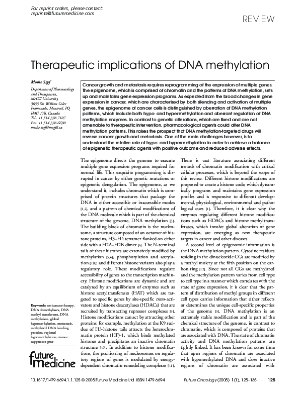 (PDF) Therapeutic implications of DNA methylation
