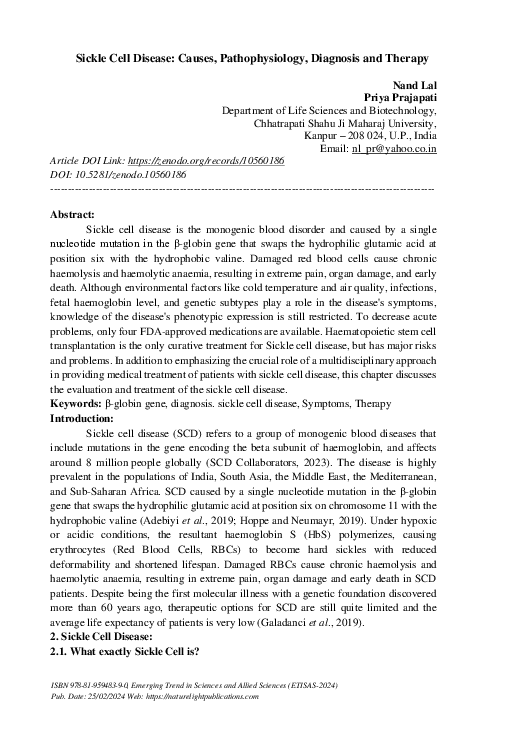 (PDF) Sickle Cell Disease: Causes, Pathophysiology, Diagnosis and Therapy