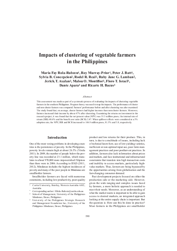 (PDF) Impacts of clustering of vegetable farmers in the Philippines