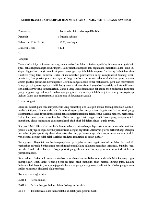 (PDF) MODIFIKASI AKAD WADI'AH DAN MURABAHAH PADA PRODUK BANK SYARIAH