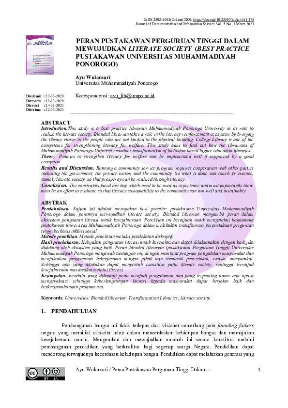 (PDF) PERAN PUSTAKAWAN PERGURUAN TINGGI DALAM MEWUJUDKAN LITERATE ...