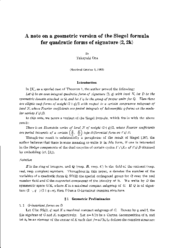 (PDF) A note on a geometric version of the Siegel formula for quadratic forms of signature $(2 ...