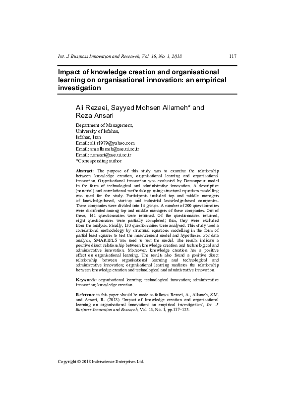 (PDF) Impact of knowledge creation and organisational learning on organisational innovation: an ...