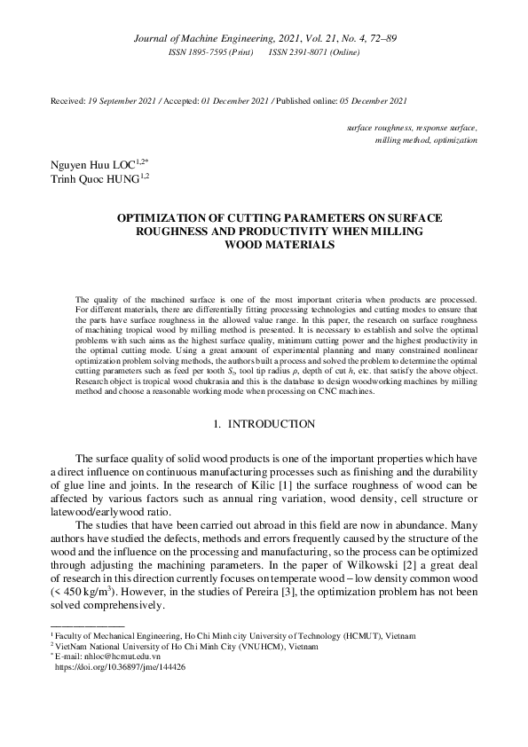 Pdf Optimization Of Cutting Parameters On Surface Roughness And Productivity When Milling Wood