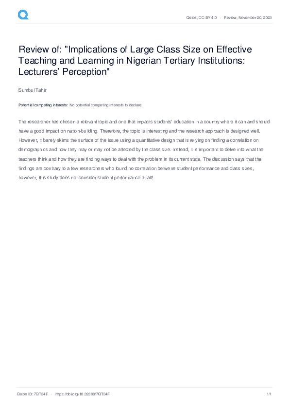 (PDF) Review of: "Implications of Large Class Size on Effective ...