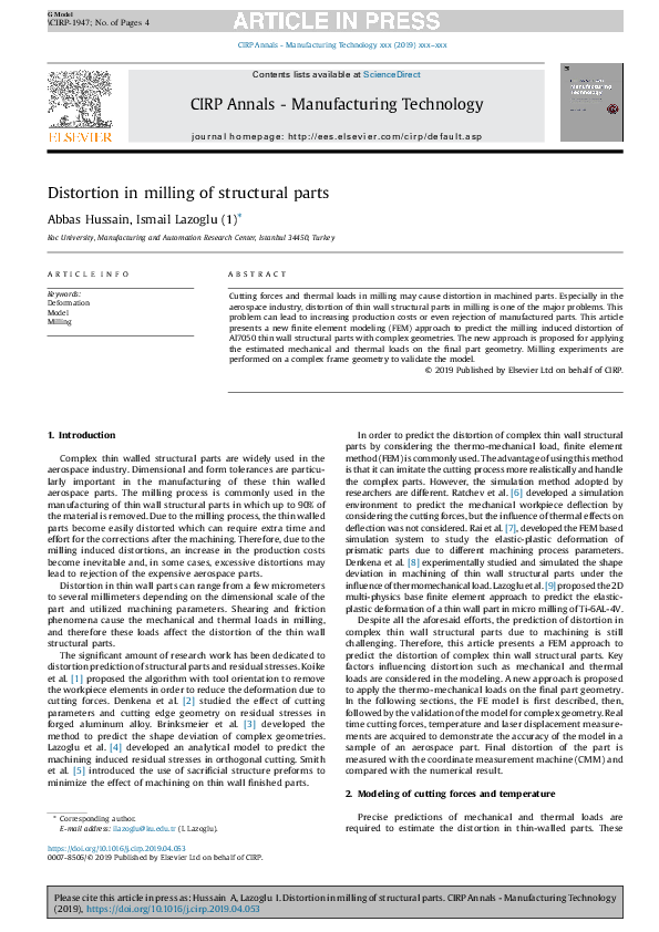(PDF) Distortion in milling of structural parts
