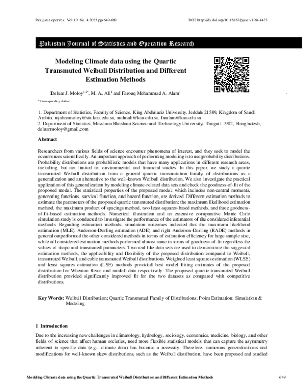 (PDF) Modeling Climate data using the Quartic Transmuted Weibull Distribution and Different ...