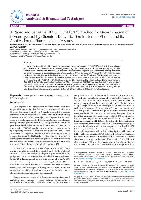 (PDF) A Rapid and Sensitive UPLC–ESI-MS/MS Method for Determination of Levonorgestrel by ...