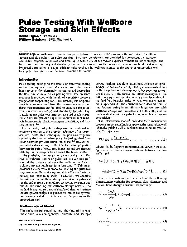 (PDF) Pulse Testing With Wellbore Storage and Skin Effects | David O ...