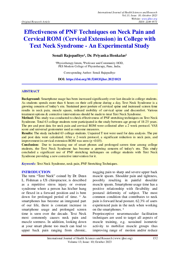 (PDF) Effectiveness of PNF Techniques on Neck Pain and Cervical ROM ...