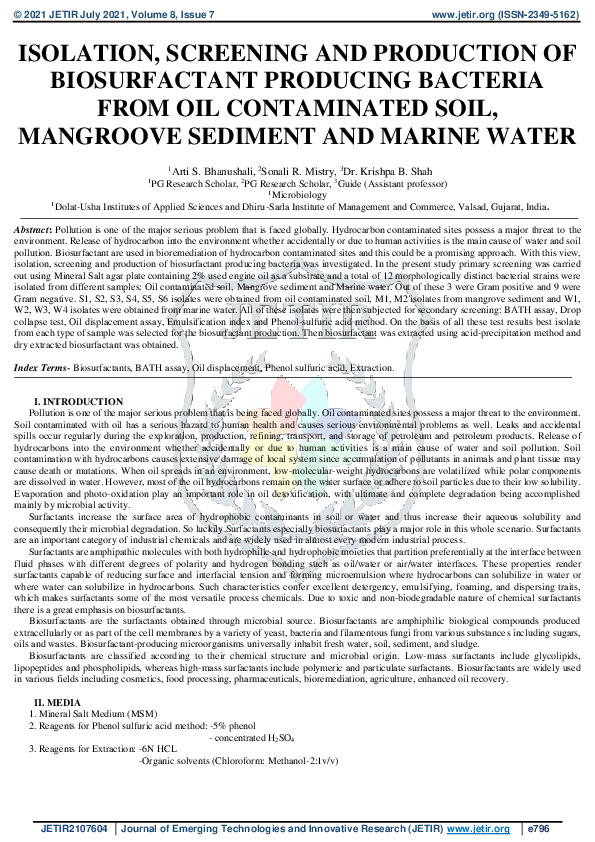 (PDF) Isolation, Screening and Production of Biosurfactant Producing Bacteria from Oil ...