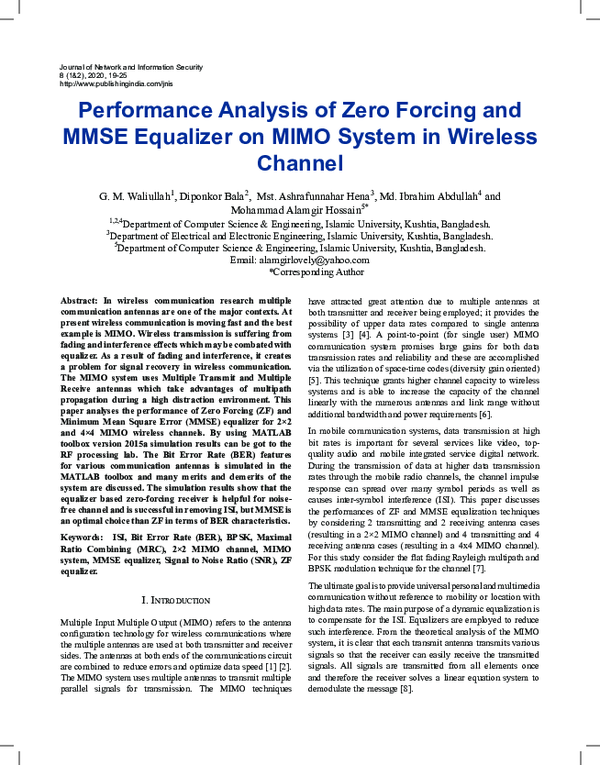 (PDF) Performance Analysis of Zero Forcing and MMSE Equalizer on MIMO System in Wireless Channel ...
