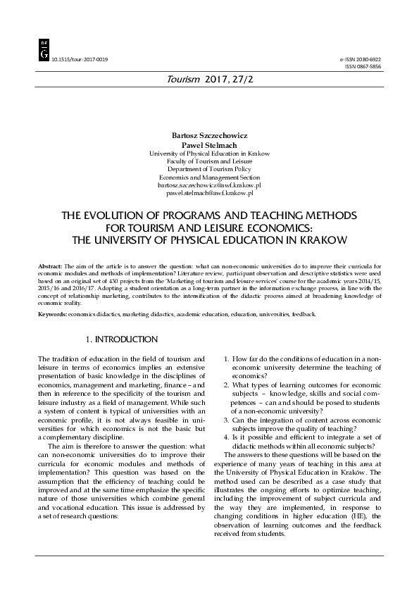 (PDF) The evolution of programs and teaching methods for tourism and leisure ecnonomics: The ...