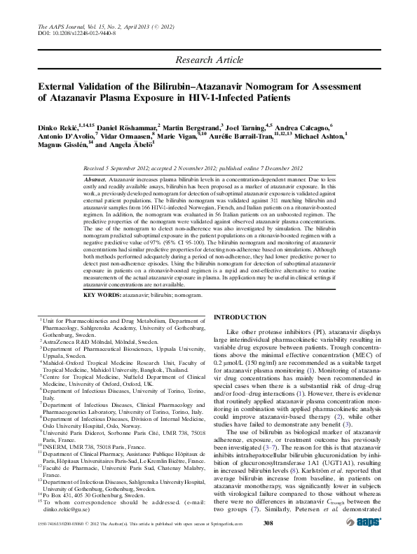 Pdf External Validation Of The Bilirubin Atazanavir Nomogram For Assessment Of Atazanavir