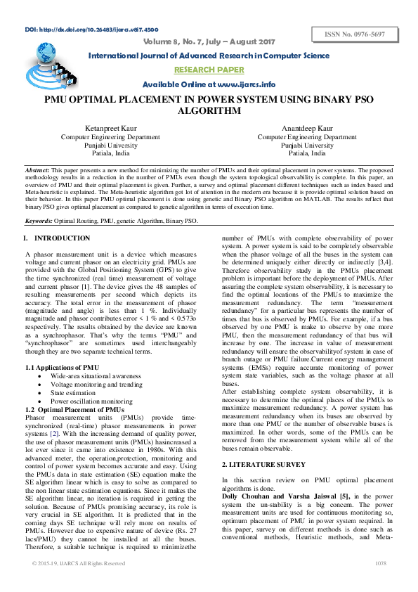 Pdf Pmu Optimal Placement In Power System Using Binary Pso Algorithm