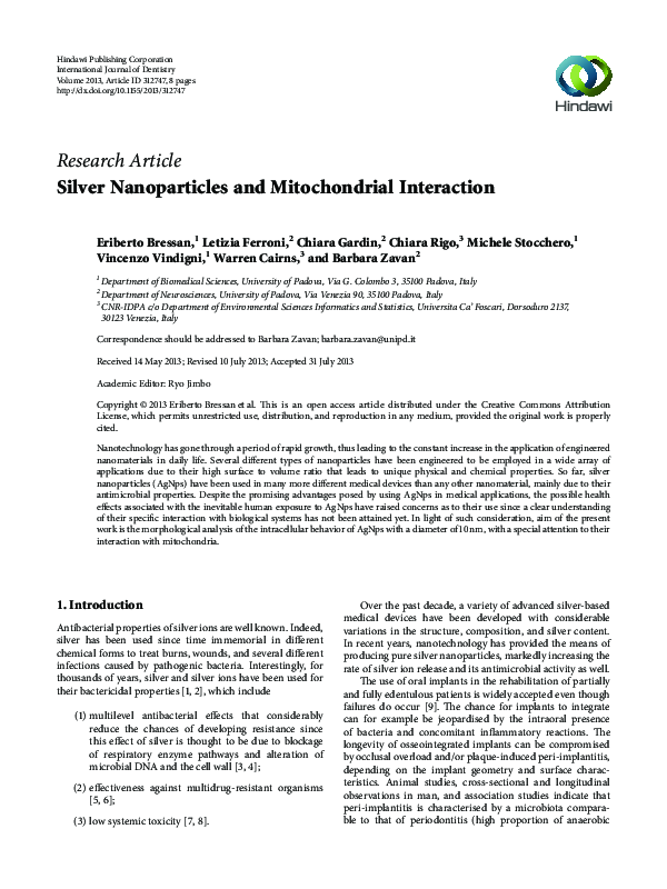 (PDF) Silver Nanoparticles and Mitochondrial Interaction