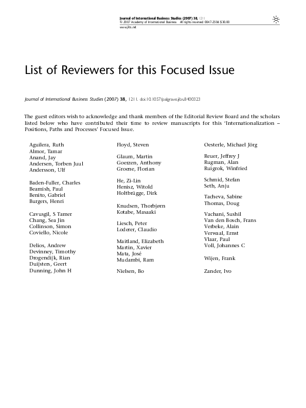 (PDF) List of Reviewers for this Focused Issue | Tamar Almor - Academia.edu