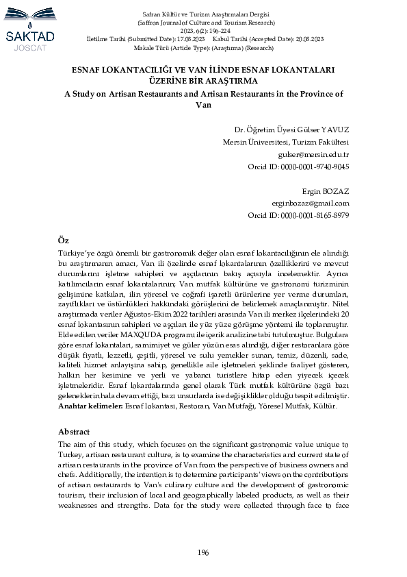 (PDF) Esnaf Lokantaciliği Ve Van İli̇nde Esnaf Lokantalari Üzeri̇ne Bi̇r Araştirma