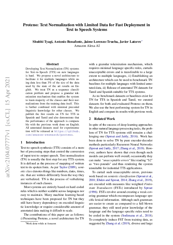 (PDF) Proteno: Text Normalization with Limited Data for Fast Deployment in Text to Speech Systems