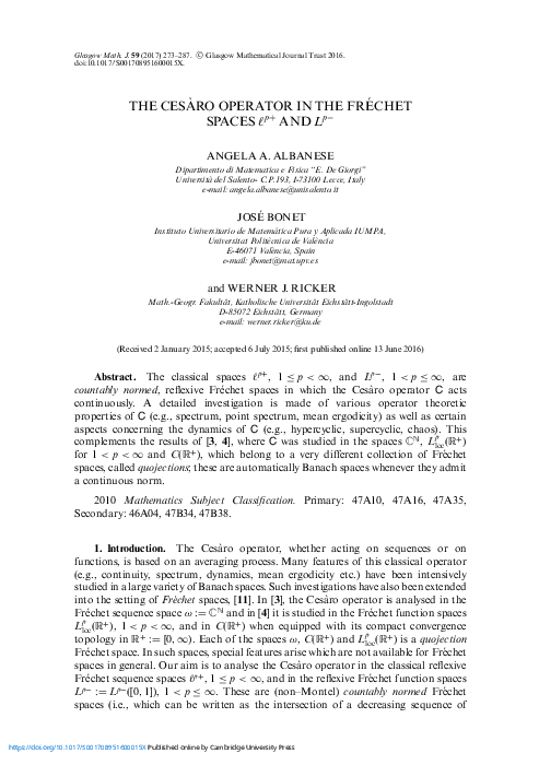 (PDF) THE CESÀRO OPERATOR IN THE FRÉCHET SPACES ℓp+ AND Lp− | Angela ...