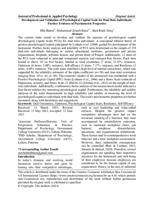 (PDF) Development and Validation of Psychological Capital Scale for ...