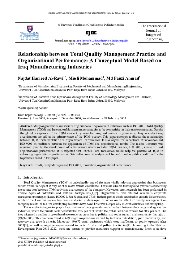 (PDF) Relationship between Total Quality Management Practice and Organizational Performance: A ...