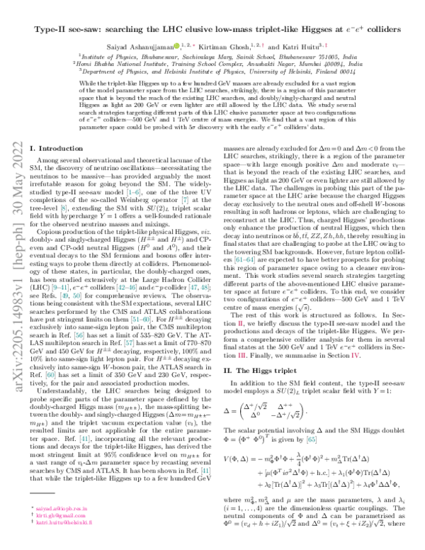(PDF) Type-II see-saw: searching the LHC elusive low-mass triplet-like Higgses at $e^-e^+$ colliders