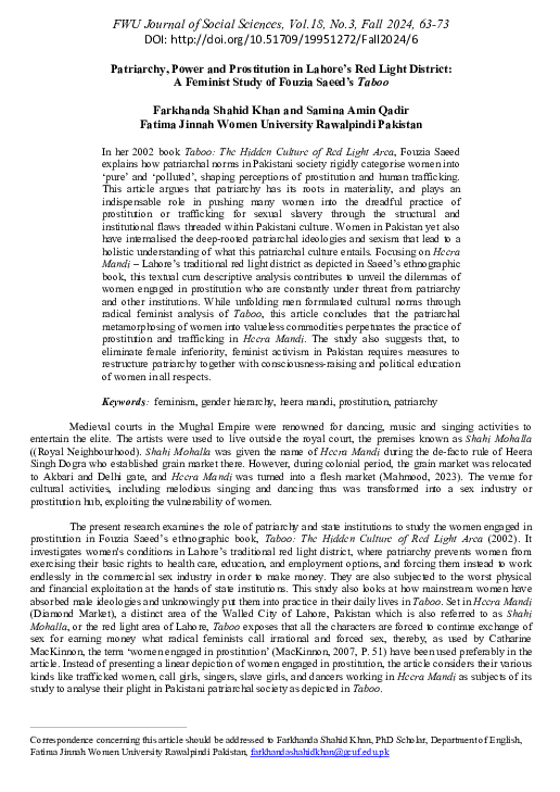 (PDF) Patriarchy, Power and Prostitution in Lahore's Red Light District ...