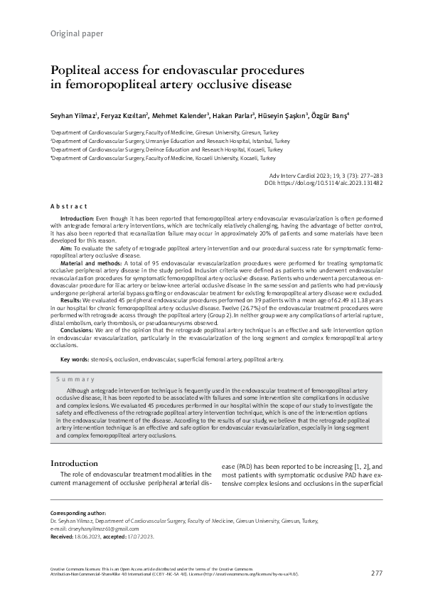 (PDF) Popliteal access for endovascular procedures in femoropopliteal ...