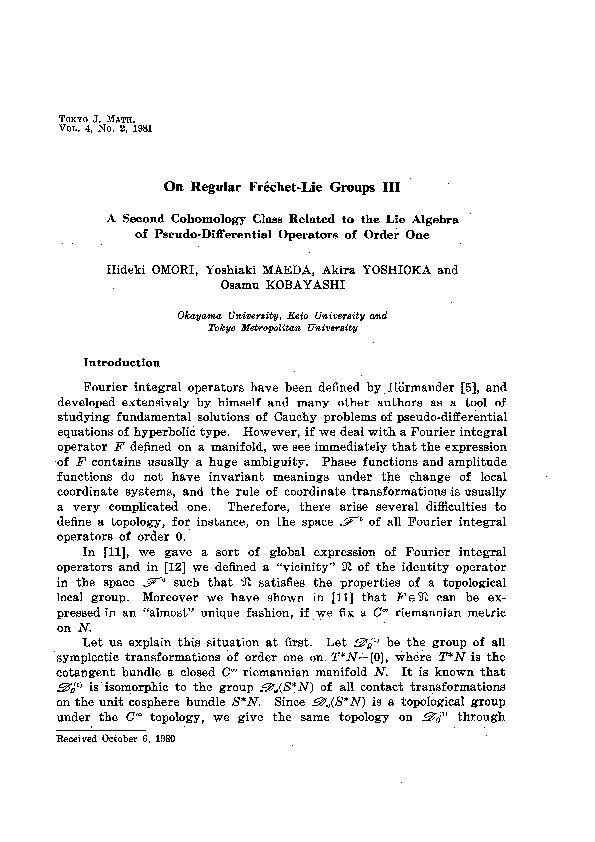 (PDF) On Regular Fréchet-Lie Groups III; A Second Cohomology Class Related to the Lie Algebra of ...