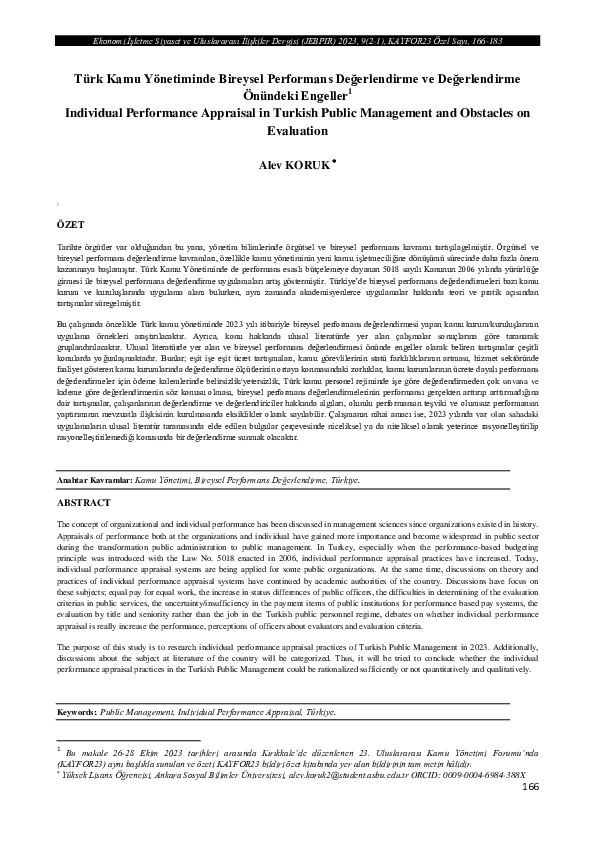 (PDF) Türk Kamu Yönetiminde Bireysel Performans Değerlendirme ve ...