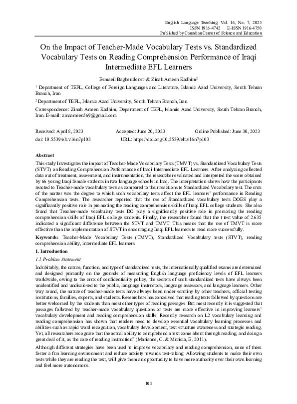 (PDF) On the Impact of Teacher-Made Vocabulary Tests vs. Standardized ...