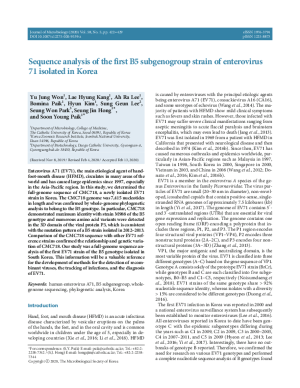 (PDF) Sequence analysis of the first B5 subgenogroup strain of enterovirus 71 isolated in Korea